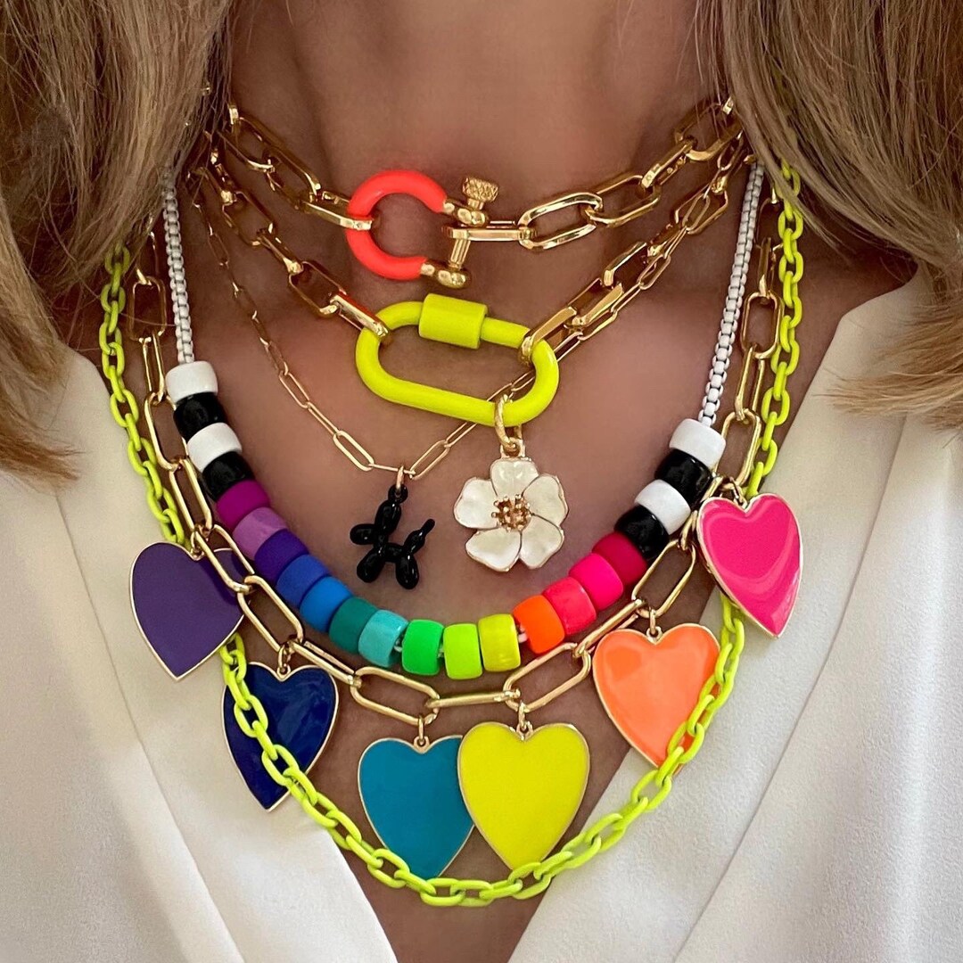 Psychedelic//colorful Chain and Heart Charm Layering Necklaces Each ...