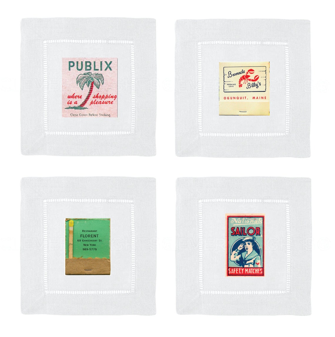 Linen Cocktail Napkin Set Vintage Matchboxes Summer Happy Hour Table ...