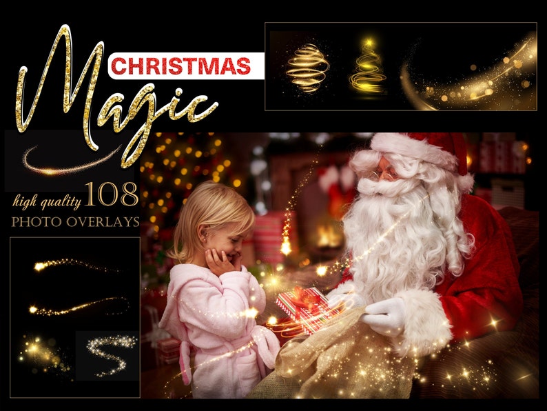 108 Magic Christmas Overlays, Photoshop Xmas Glitter, Glow Effect ...