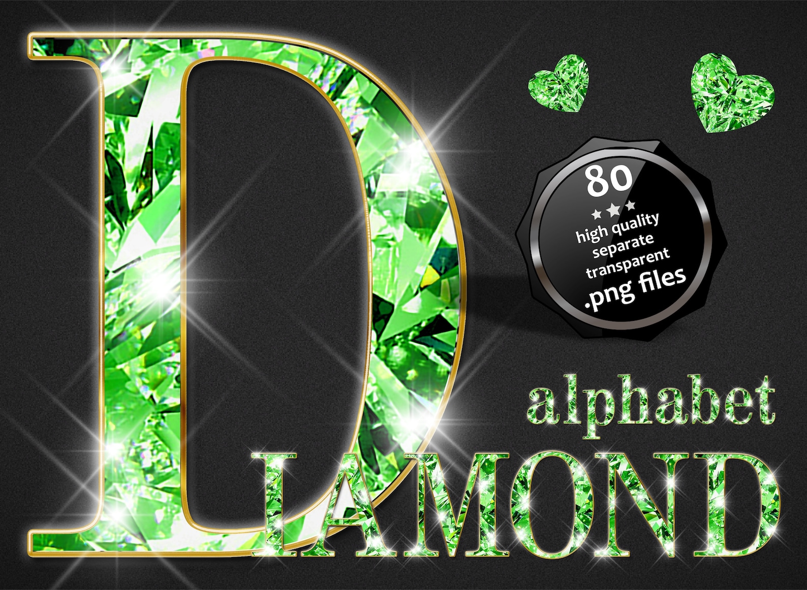 Lime Green Diamond Alphabet ART Clipart, Diamond in Gold Alphabet PNG ...