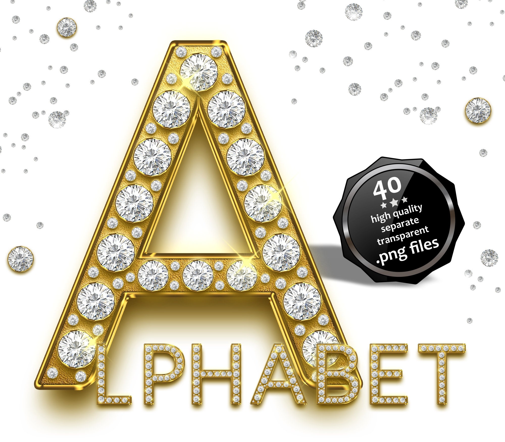 3D Gold Metallic Diamond Alphabet Clipart. Golden Letters, Numbers and ...