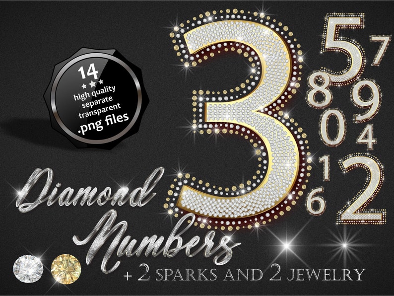 Diamond Numbers Clipart Diamonds in Gold Numbers PNG Files | Etsy