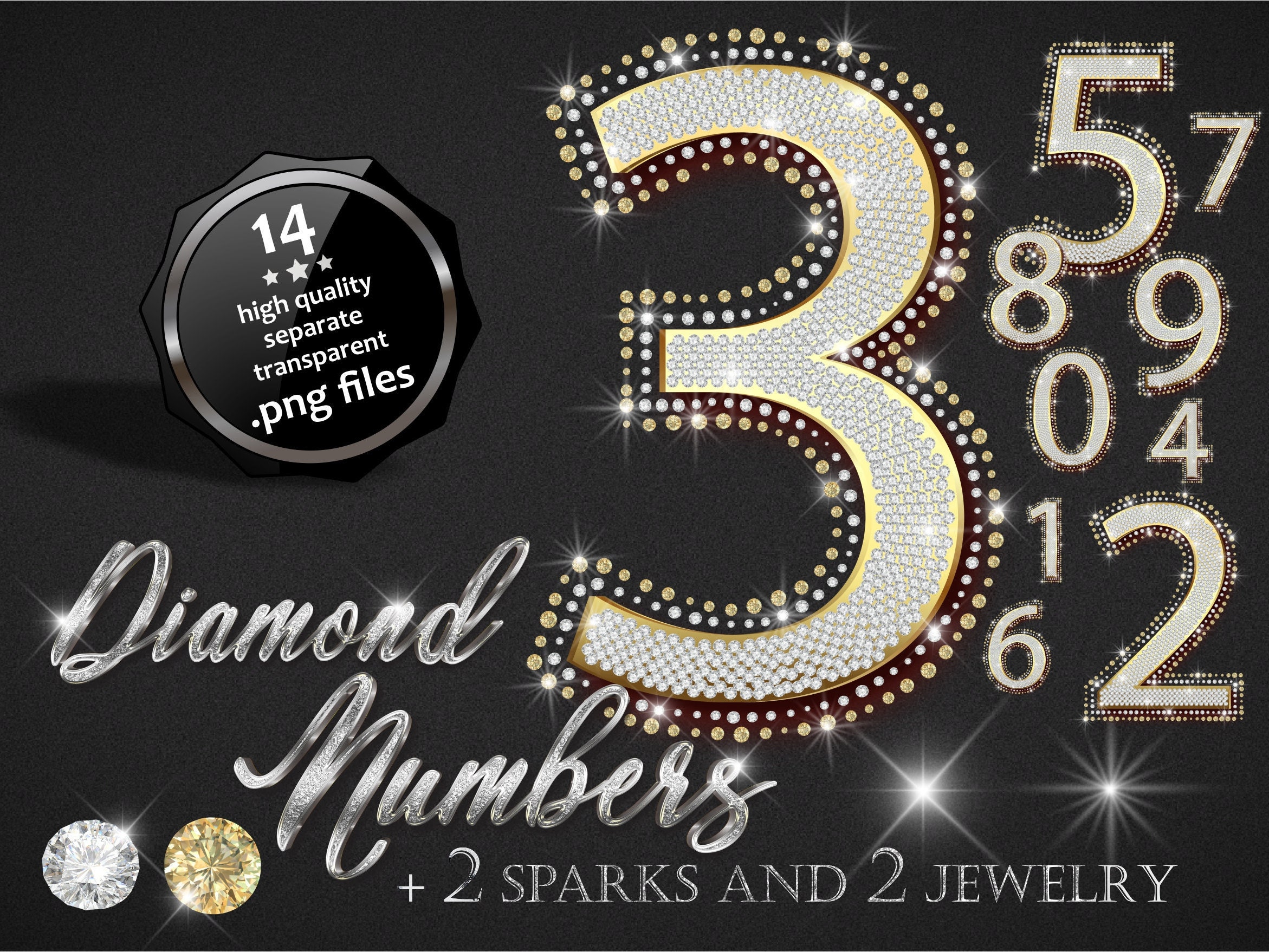 Diamond Numbers Clipart Diamonds in Gold Numbers PNG Files | Etsy