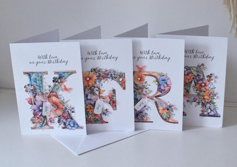 3D Flower Initial Birthday Card: Handmade Gem-decorated Greeting Card ...