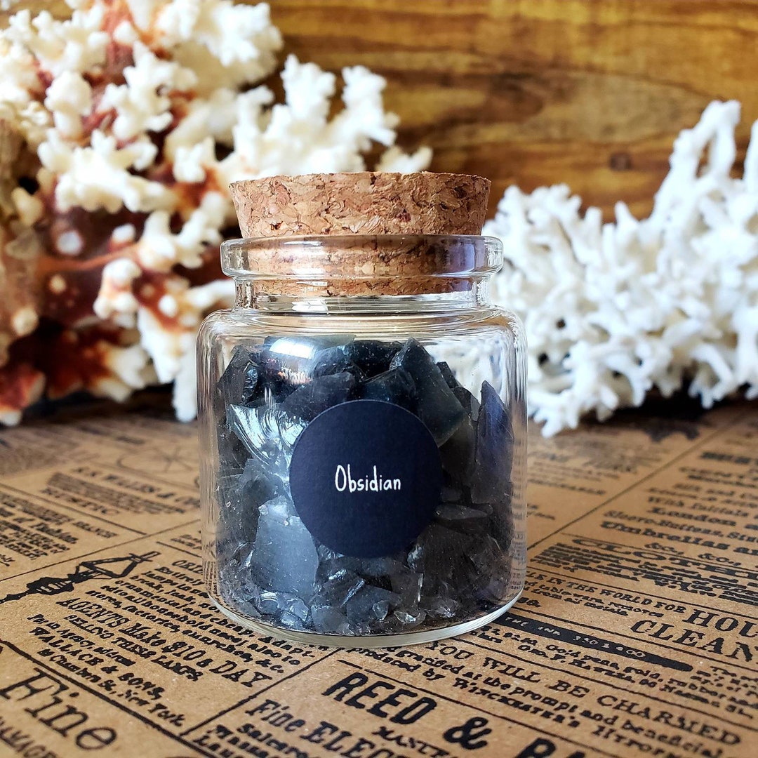 Black Obsidian Mineral Rock Stones in 2 Glass Jar Vial Cork Top Bottle ...
