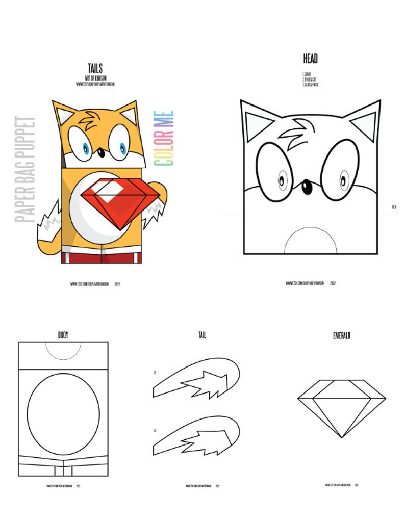 Buy Printable Sonic Tails Paper Bag Puppet Cut Out (B&W) Online in ...