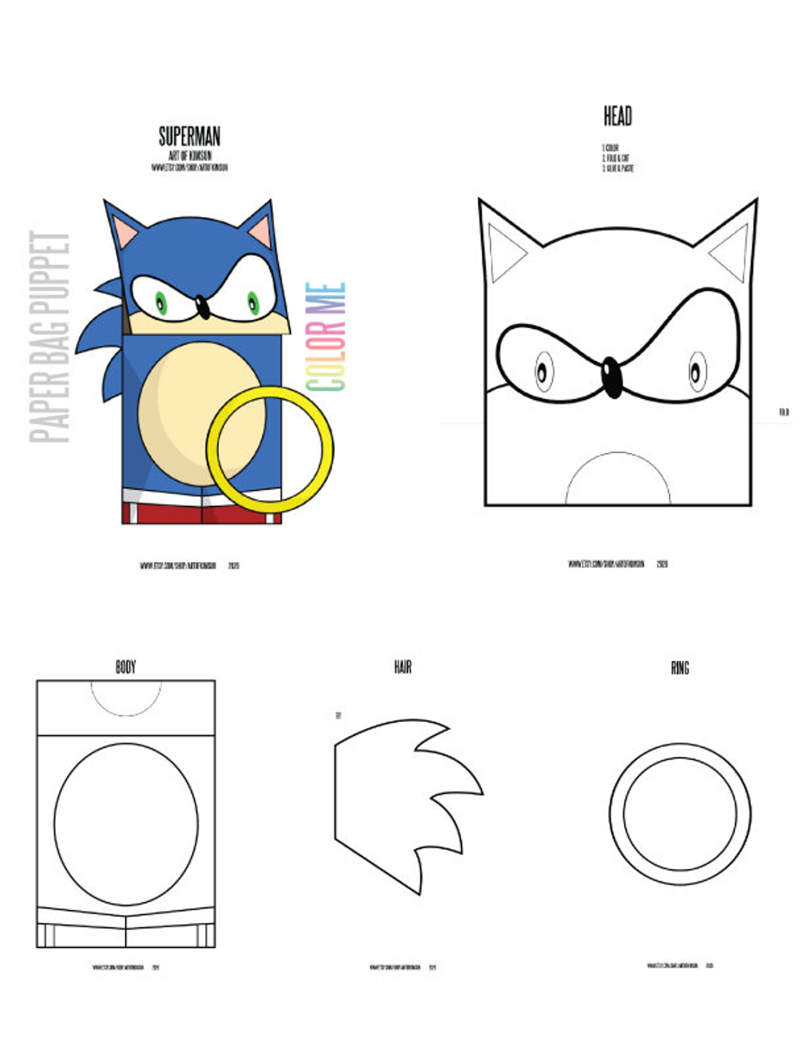Printable Sonic the Hedgehog Paper Bag Puppet Cut Out B&W | Etsy