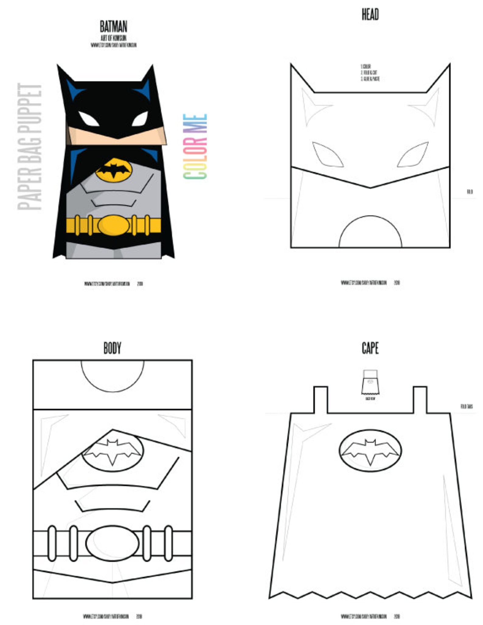 Printable Batman Paper Bag Puppet Cut Out B&W | Etsy