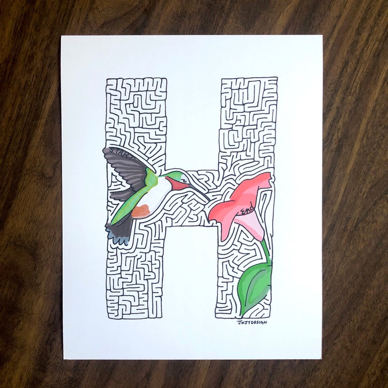 Wall Art Print: Letter H is for Hummingbird Animal Alphabet Maze Design ...
