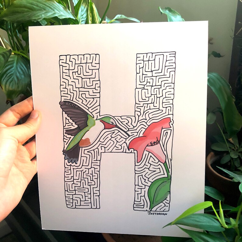 Wall Art Print: Letter H is for Hummingbird Animal Alphabet Maze Design ...