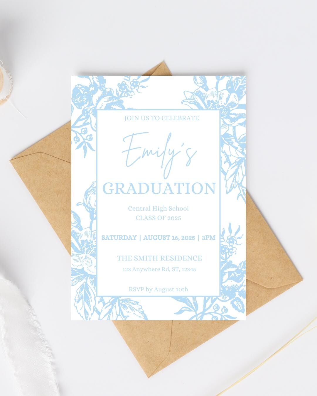 Blue Floral Graduation Invitation Template: Editable Canva Evite ...