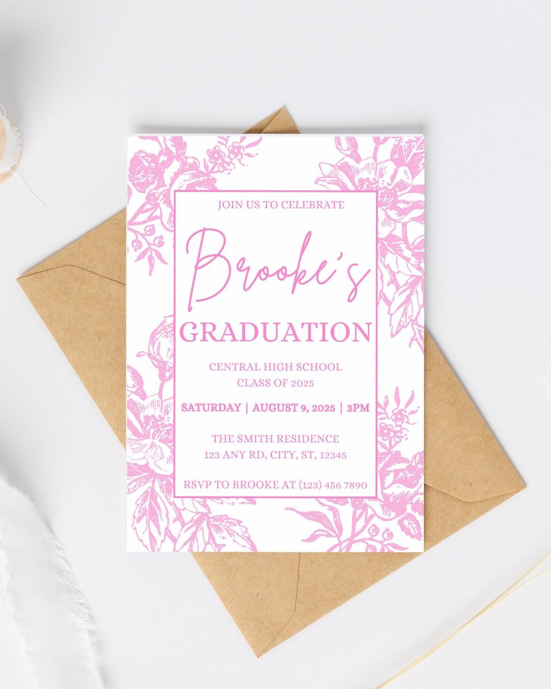 Pink Floral Graduation Invitation: Editable Canva Template (digital ...