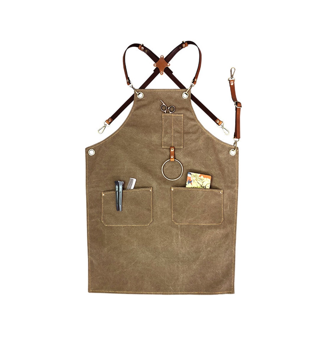 Long Thick Canvas Apron With Pockets X Leather Back Straps Barista ...