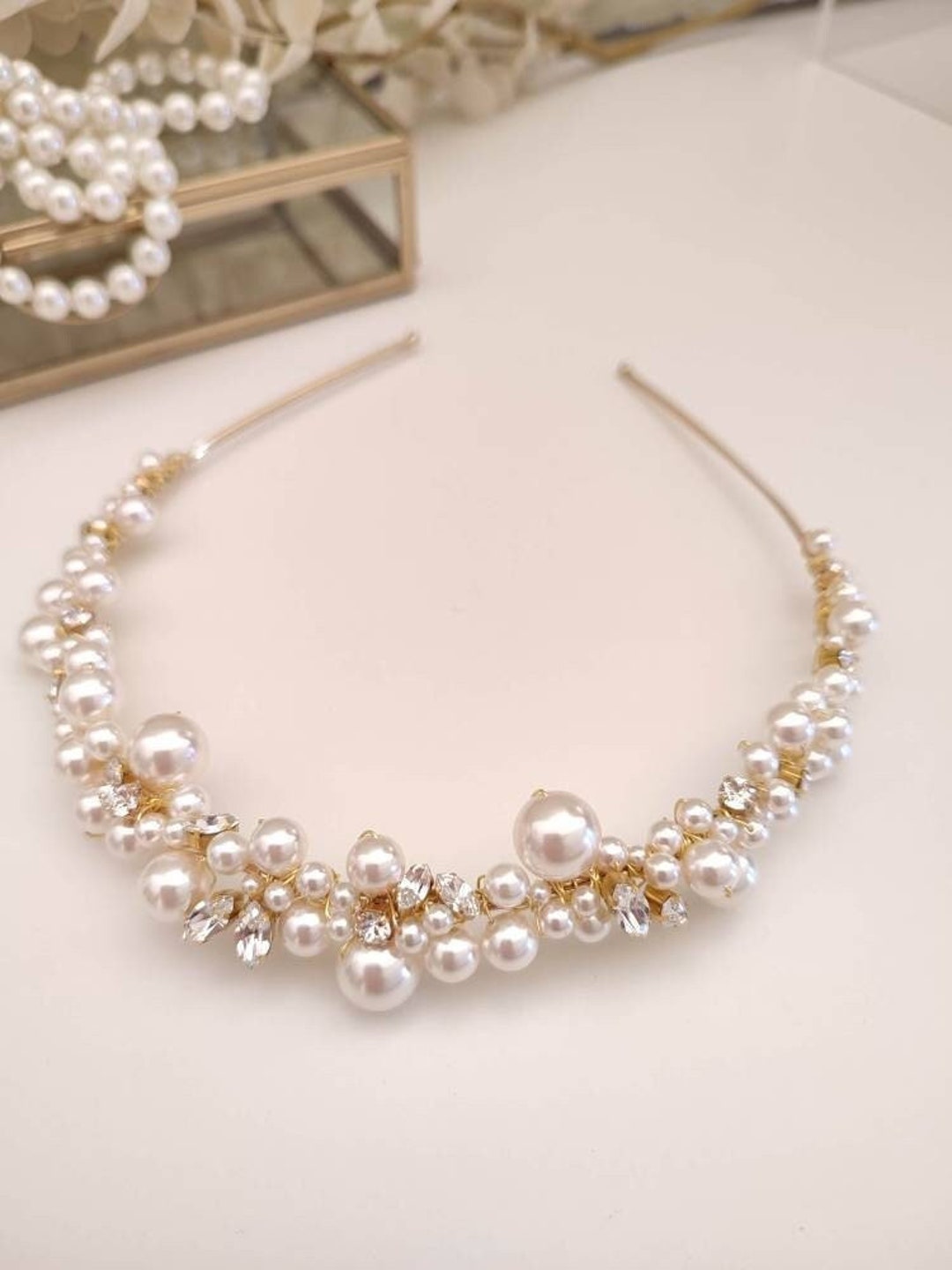 Pearl Wedding Headband Gold Bridal Headpiece Hair Accessory Anniversary ...
