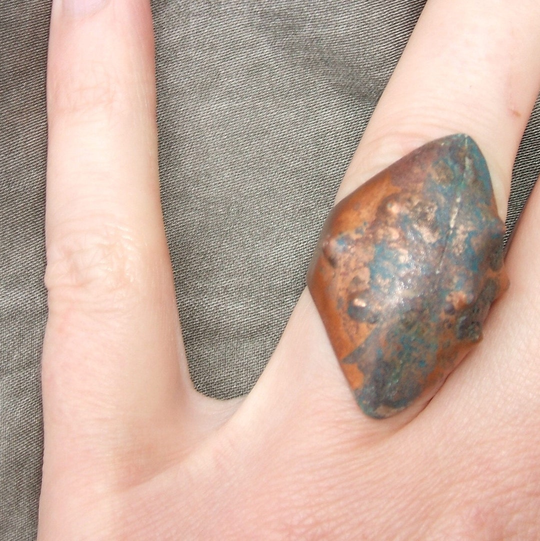 Big Blue Ring, Copper Patina and Enamel, Wide Statement Ring, Hand ...