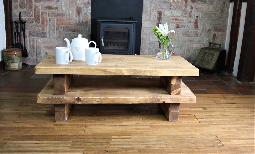 Rustic Stacked Style Coffee Table, Solid Wood, Medium Oak Colour ...