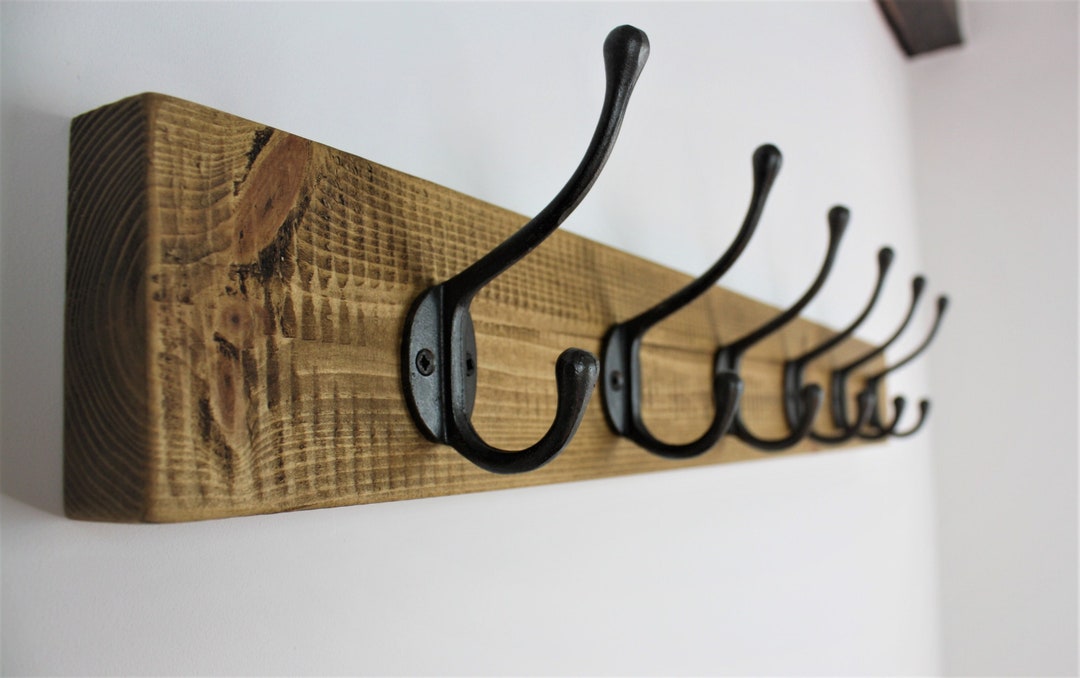 Rustic Wooden Coat Rack With Large Cast Iron Hooks Vintage Handmade ...