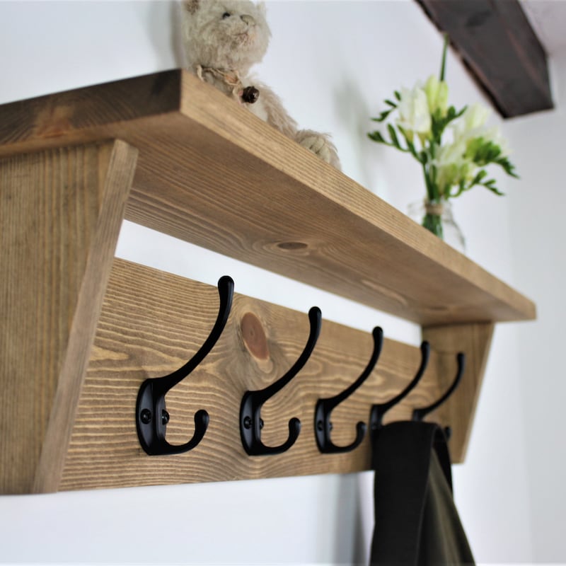Large Oak Shelf With Hooks - Etsy UK