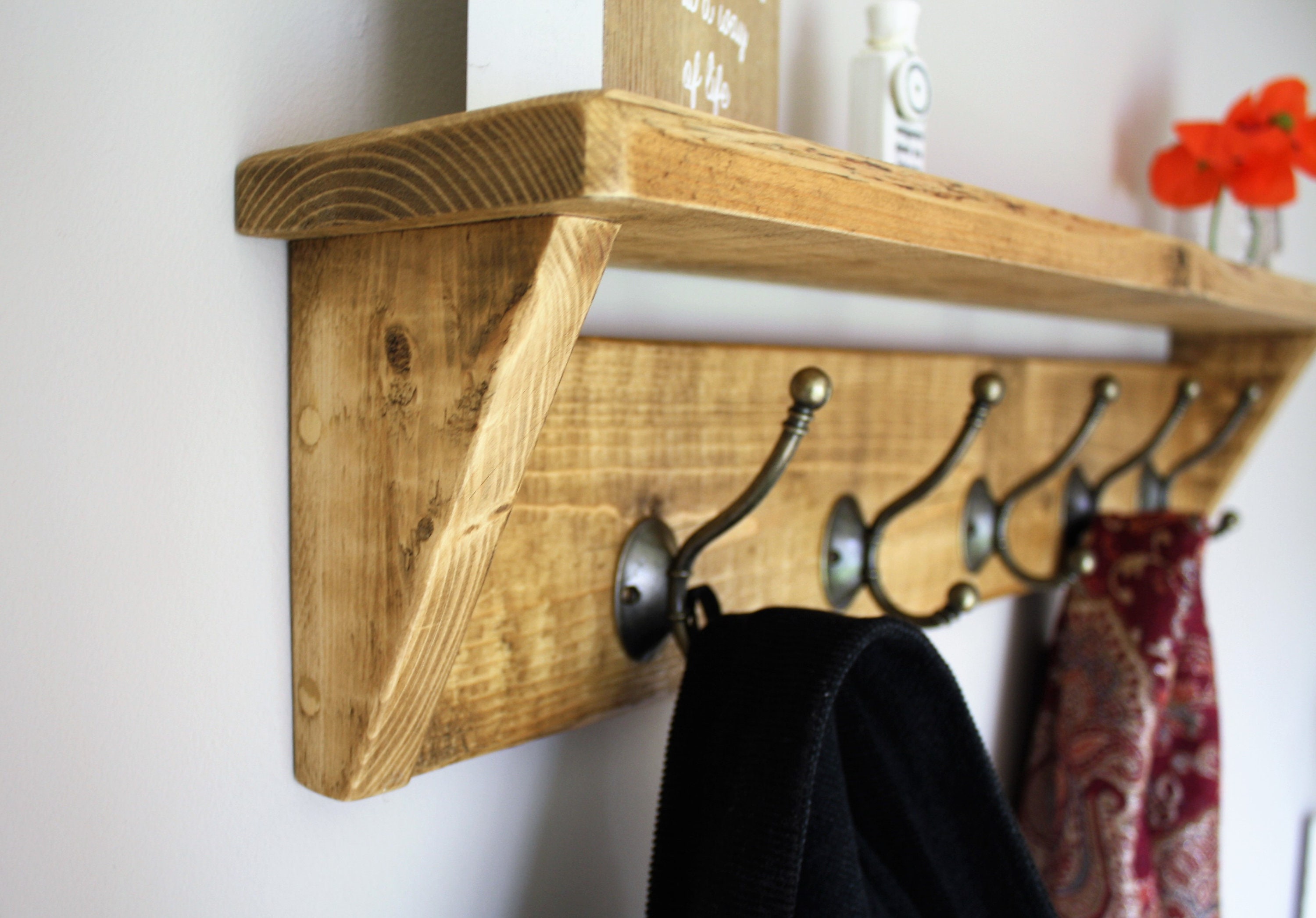 Rustic Reclaimed Wooden Coat Rack Coat Hooks With Shelf Wall Mounted Solid Wood Antique Oak Wax Colour Cast Iron Hooks Etsy Canada