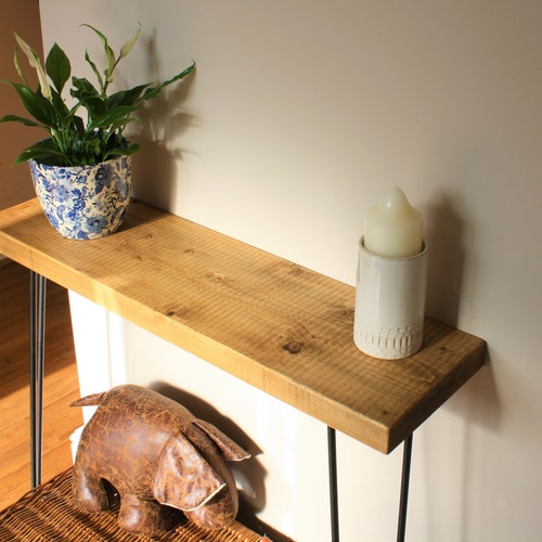 14CM X Slimline Reclaimed Timber Console Table With Brass Hairpin Legs ...