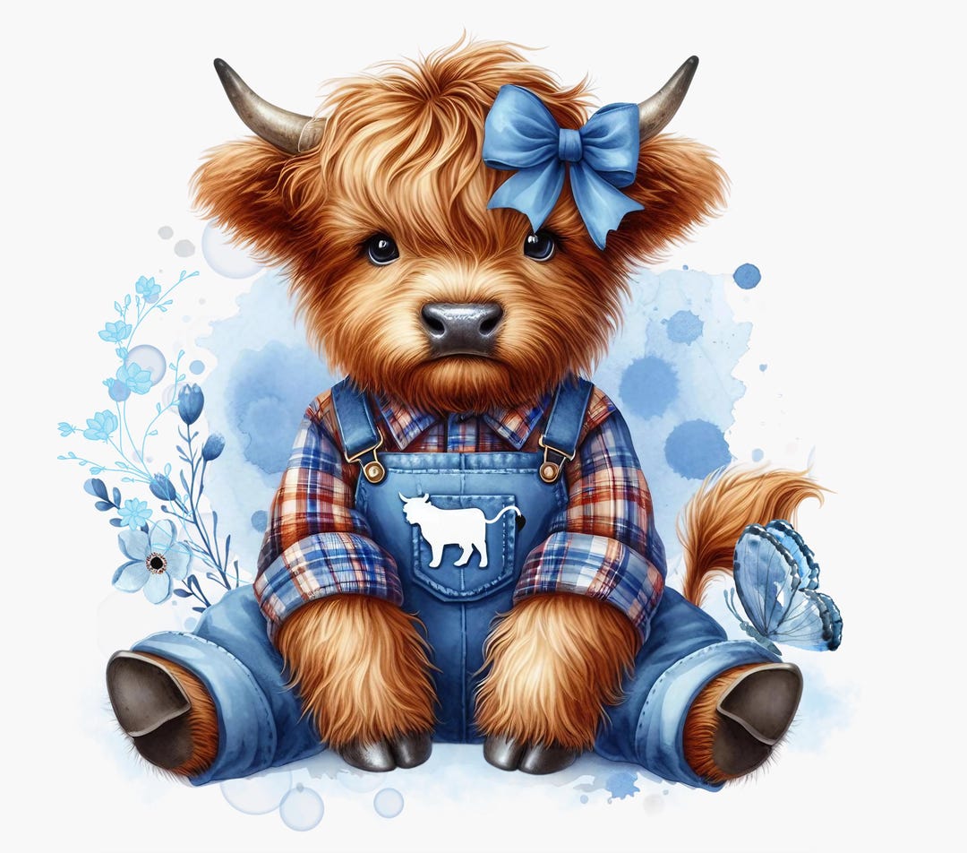 Highland Cow PNG/ JPG Watercolor Clipart Cute Leopard Bow Baby Cow ...