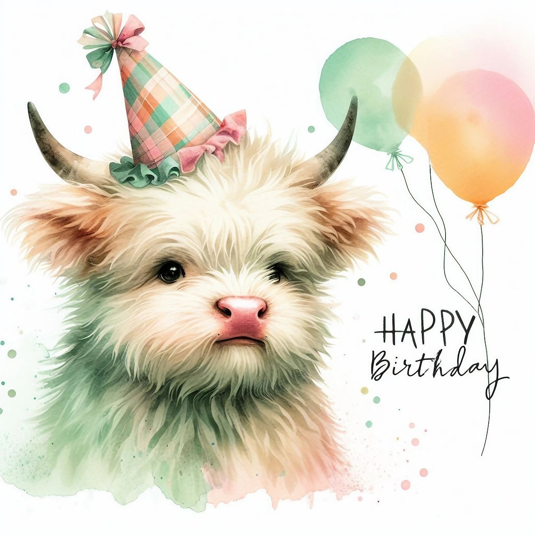 Highland Cow Watercolor Clipart Cute Happy Birthday Baby Cow PNG and ...