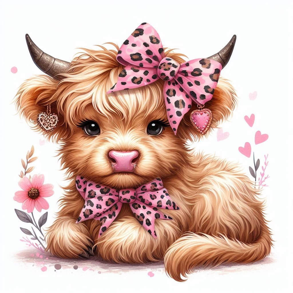 Highland Cow Watercolor Clipart Cute Leopard Bow Baby Cow PNG and JPG ...
