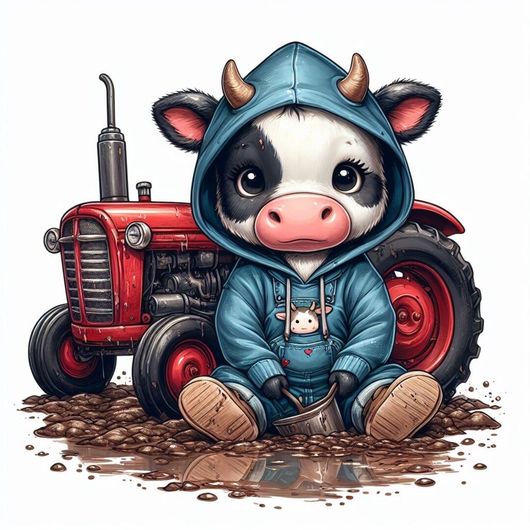 Farm Highland Cow Watercolor Clipart Cute Farm Tractor Baby Cow PNG ...