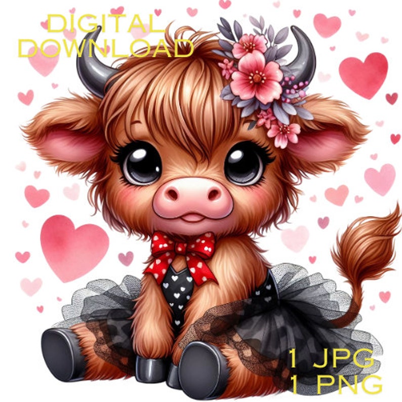 Highland Cow Watercolor Clipart Cute Leopard Bow Baby Cow PNG and JPG ...