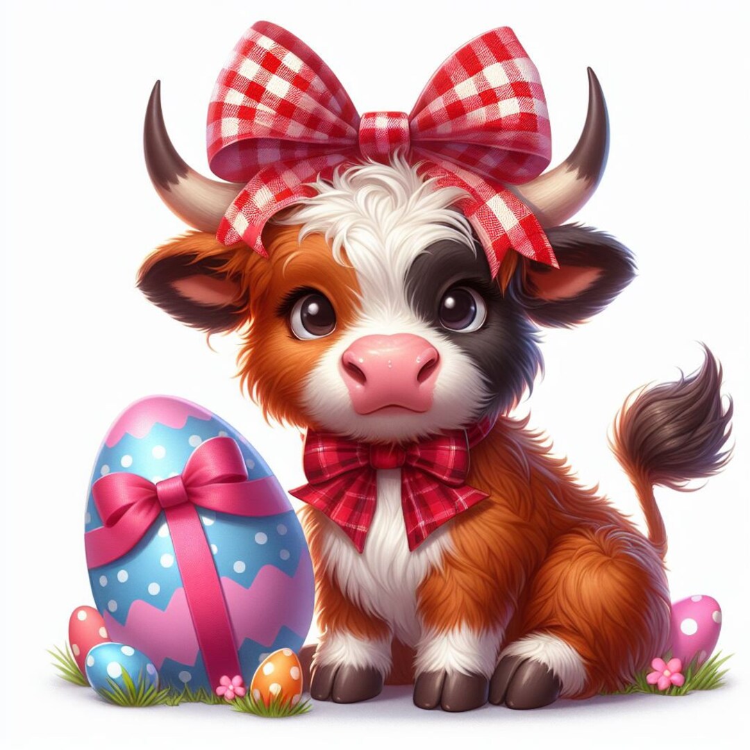 Highland CUTE Cow With Happy Easter PNG Digital Download Wild Flowers ...