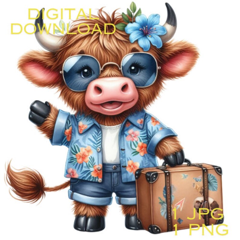 Highland Cow Watercolor Clipart Summer Tourist on Vacation Baby Cow PNG ...
