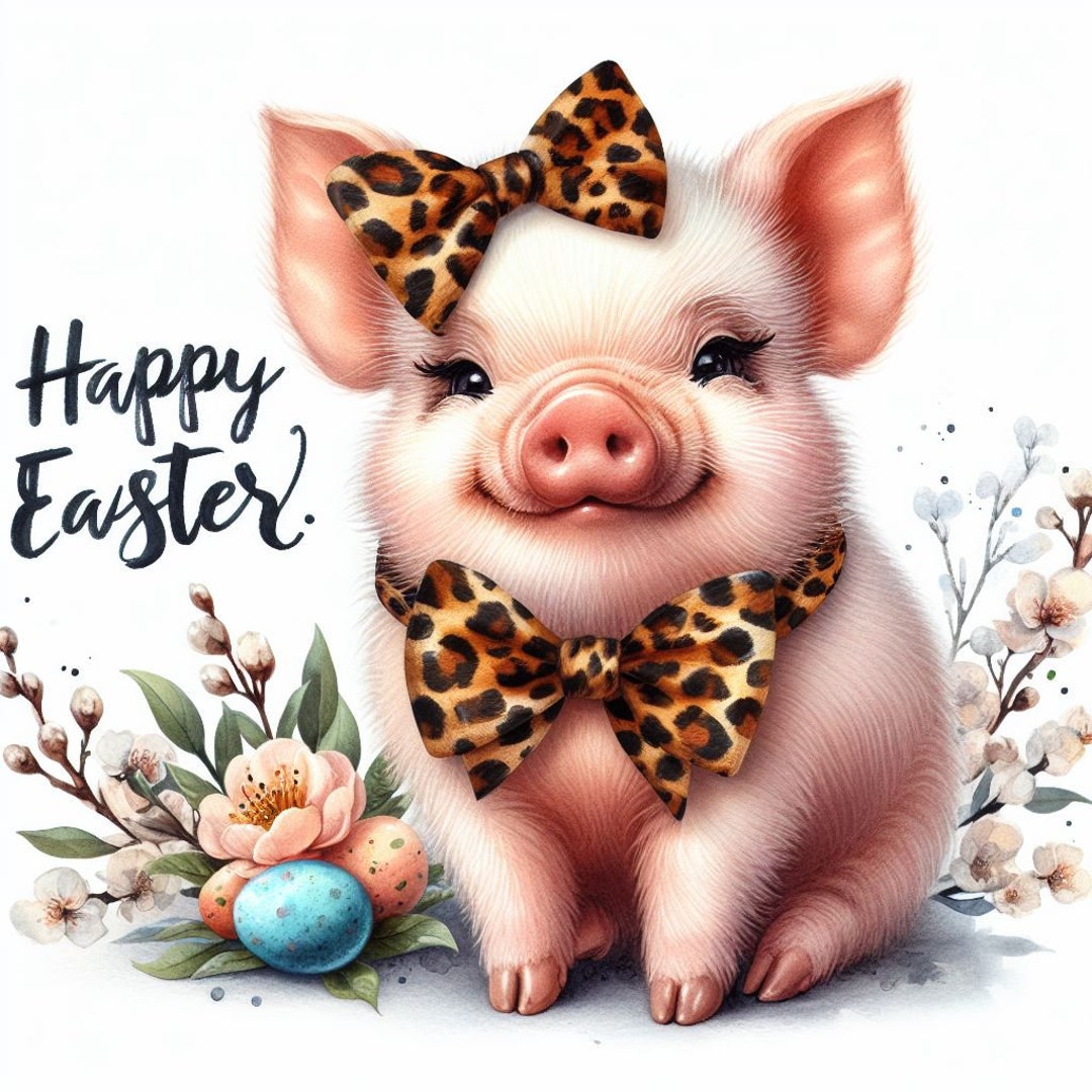 Farm Pig Easter Watercolor Clipart Cute Farm Pig Leopard Bow Baby Pig ...