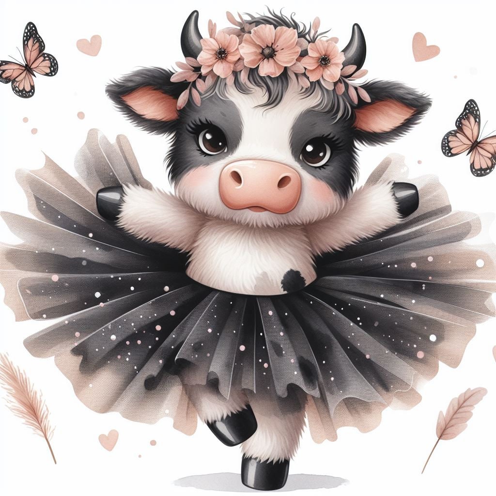 Highland Cow Watercolor Clipart Cute Ballet Tutu Leopard Bow Baby Cow ...