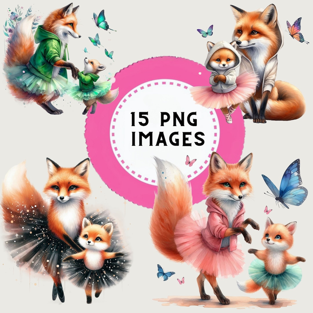 15 Cute Ballet Fox Watercolor PNG /JPG Pink Ballerina Clipart Magical ...
