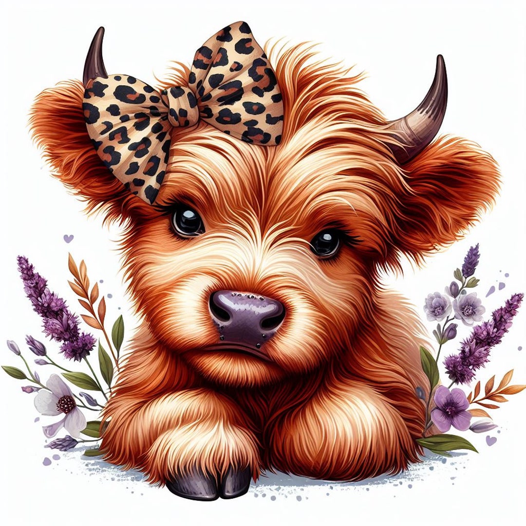Highland Cow Watercolor Clipart Cute Leopard Bow Baby Cow PNG and JPG ...