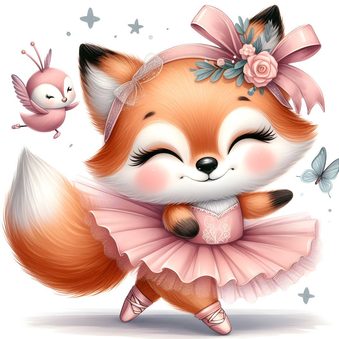 Cute Ballet Fox Watercolor PNG JPG Ballerina Clipart Magical Tutu Gold ...