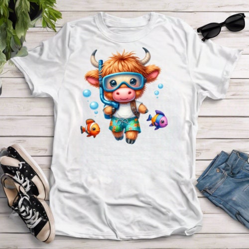Highland Cow Watercolor Sea Diving Clipart Cute Baby Cow PNG and JPG ...