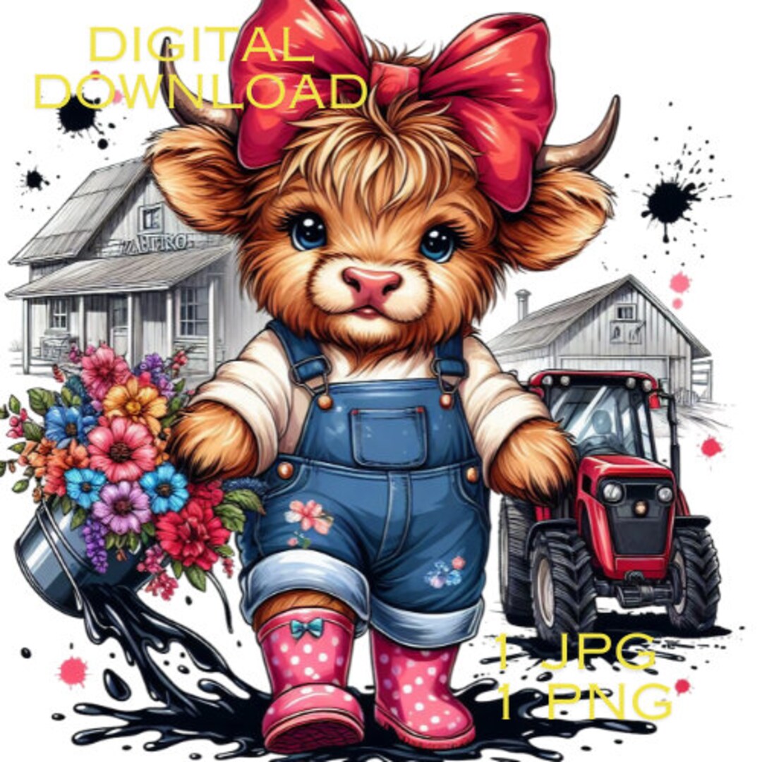 Farm Highland Cow Watercolor Clipart Cute Farm Tractor Baby Cow PNG ...