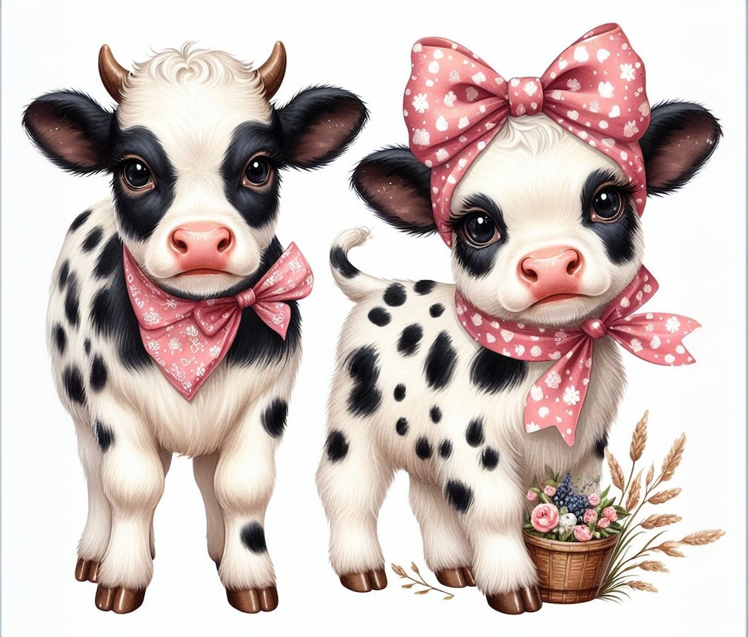 Cute Cows Watercolor Clipart Cute Pink Bow Baby Cow PNG and JPG ...