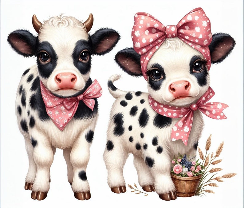 Cute Cows Watercolor Clipart Cute Pink Bow Baby Cow PNG and JPG ...