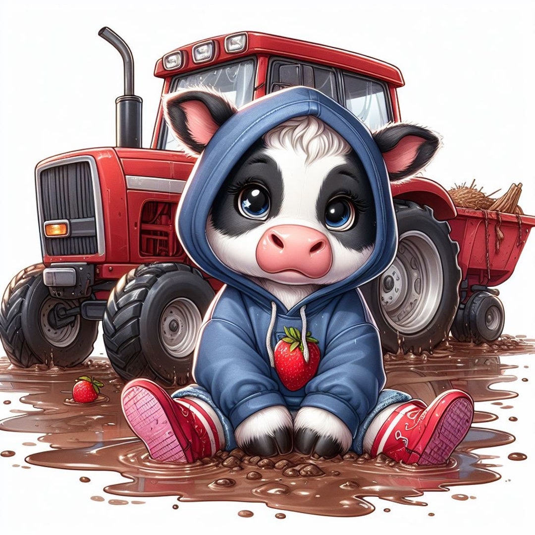 Farm Highland Cow Watercolor Clipart Cute Farm Tractor Baby Cow PNG ...
