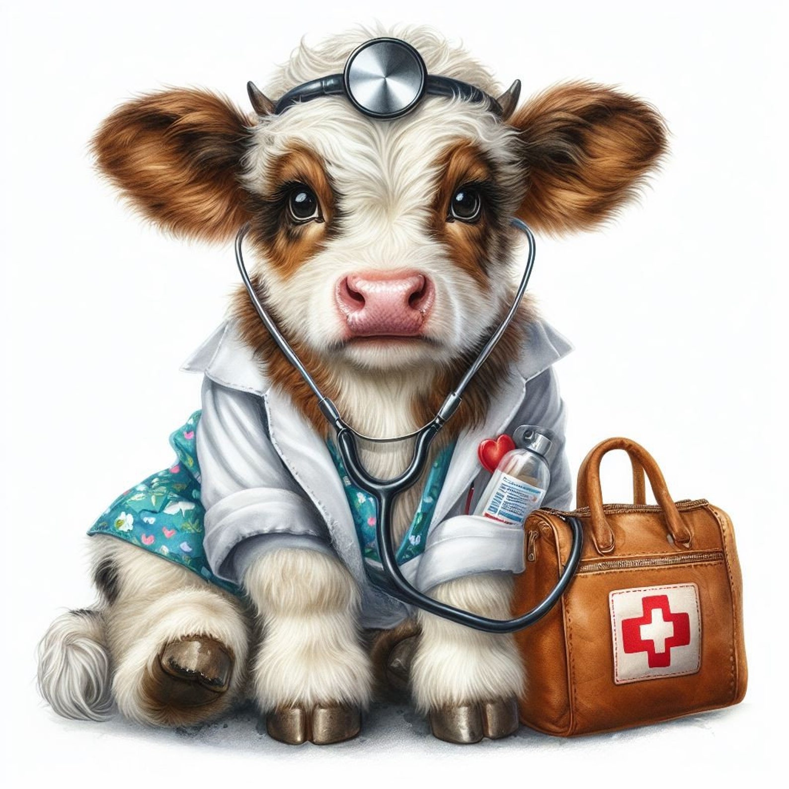 Highland Cow Watercolor Clipart Cute Doctor Baby Cow PNG and JPG ...