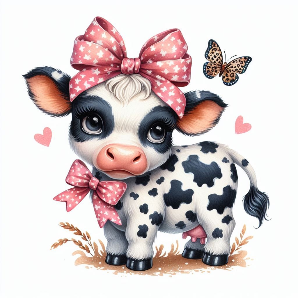 Farm Cute Cow Watercolor Clipart Cute Farm Cow Pink Bow Baby Cow PNG ...