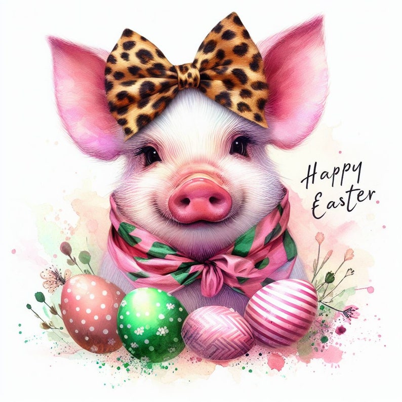 Farm Pig Easter Watercolor Clipart Cute Farm Pig Leopard Bow Baby Pig ...