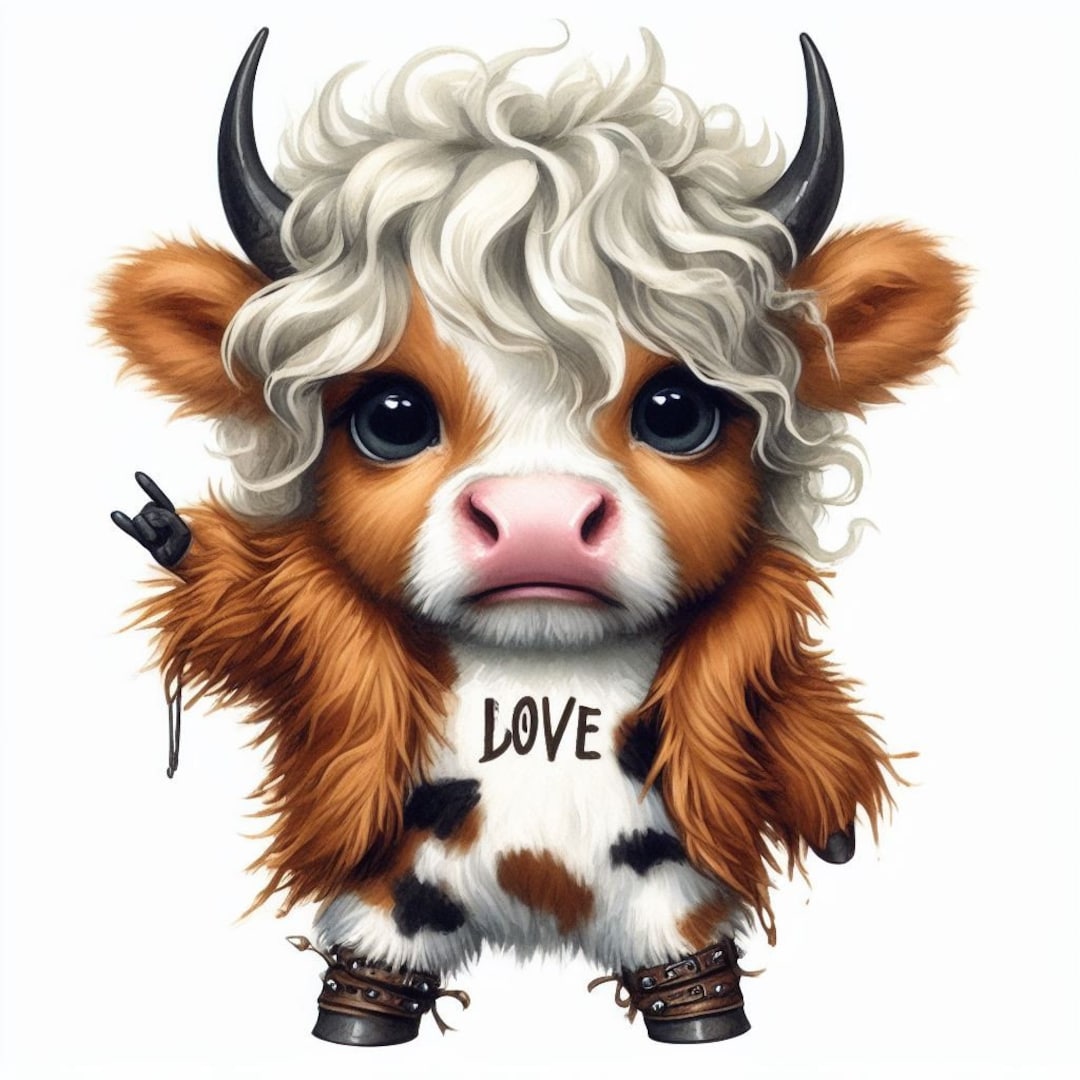 Highland Cow Watercolor Clipart Cute Rock Pop Love Star Baby Cow PNG ...