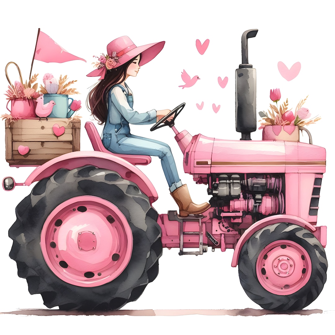 Pink Farm Tractor Watercolor Farm Tractor Girls Clipart Wall Art Farm ...