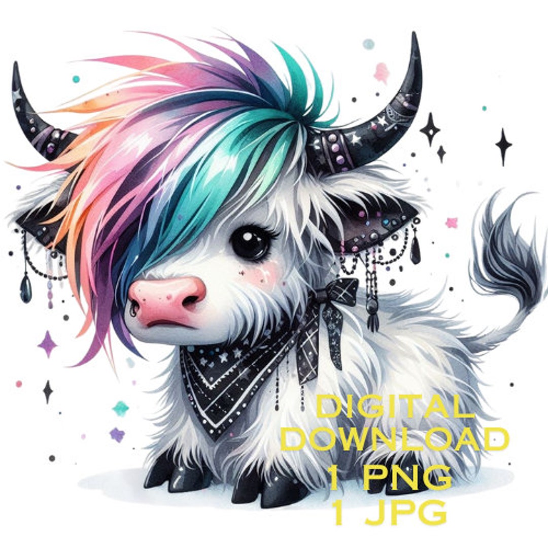 Highland Cow Watercolor Clipart Cute Emo Baby Cow PNG and JPG Scottish ...