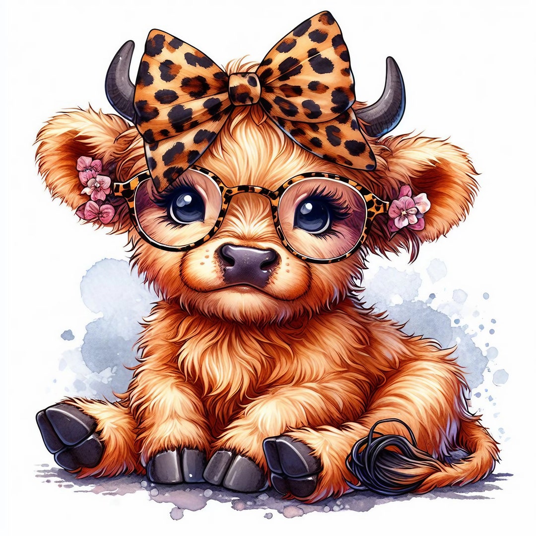 Highland Cow PNG/ JPG Watercolor Clipart Cute Leopard Bow Baby Cow ...