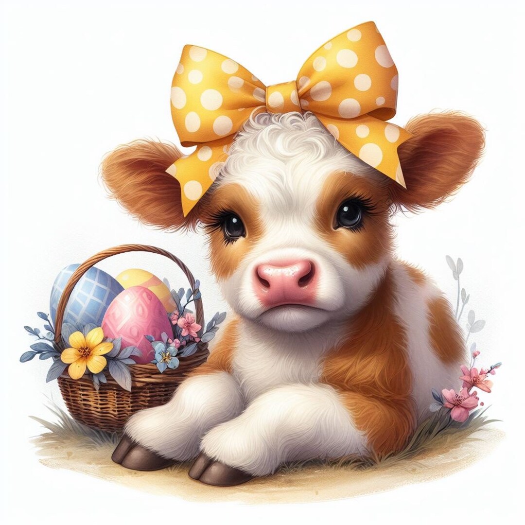 Happy Easter Highland Cow Watercolor Clipart Cute Easter Baby Cow PNG ...