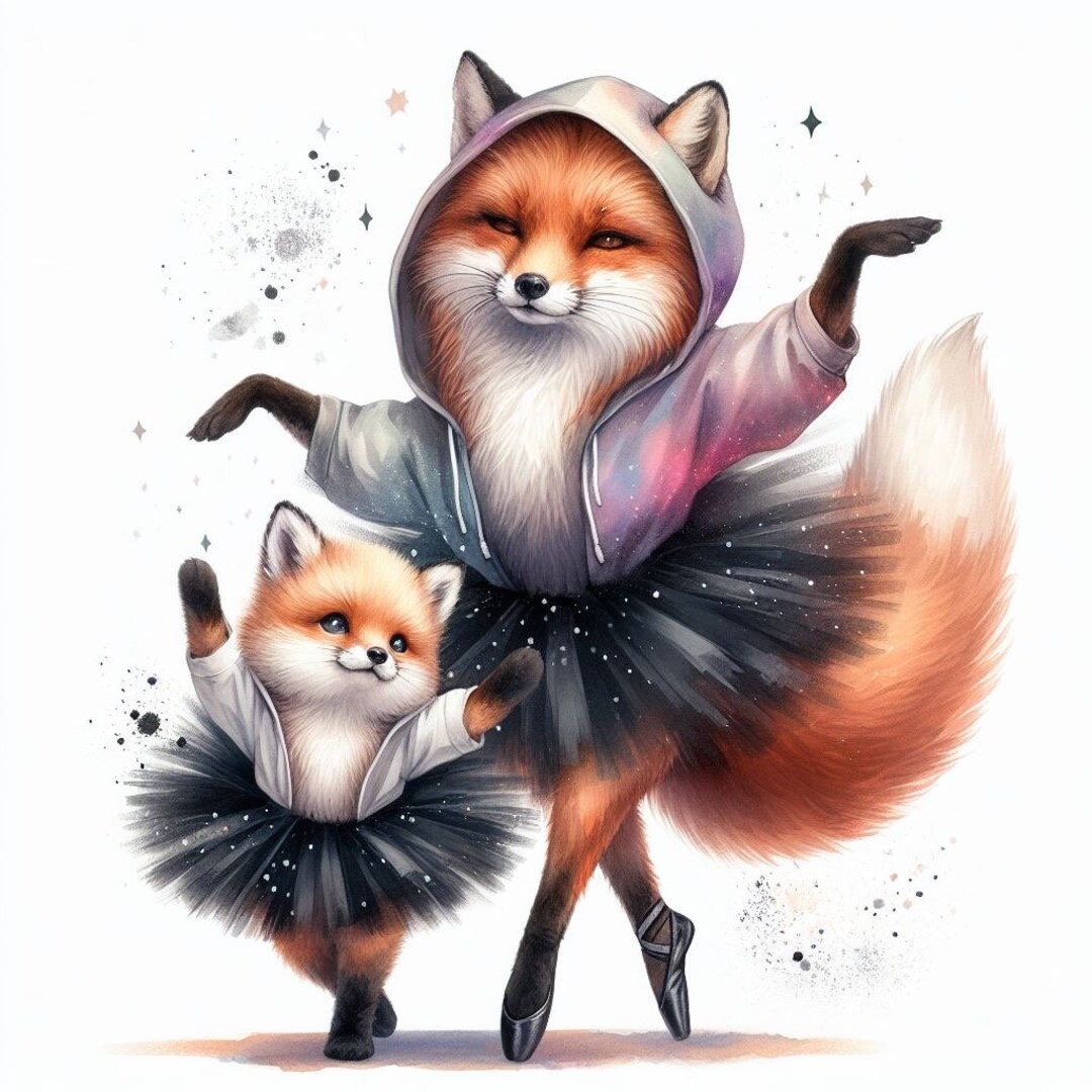 Cute Ballet Fox Watercolor PNG /JPG Pink Ballerina Clipart Magical Tutu ...